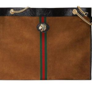 Gucci | Bags | Gucci Rajah Brown Suede Web Stripe Tiger Large Lea ...